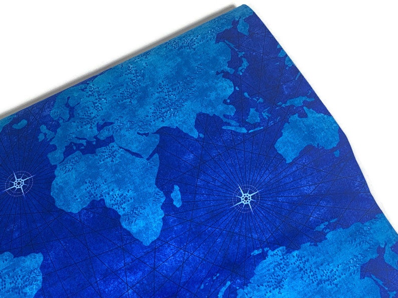 Vintage World Map Print Fabric Sold by the YARD. Royal Blue & - Etsy
