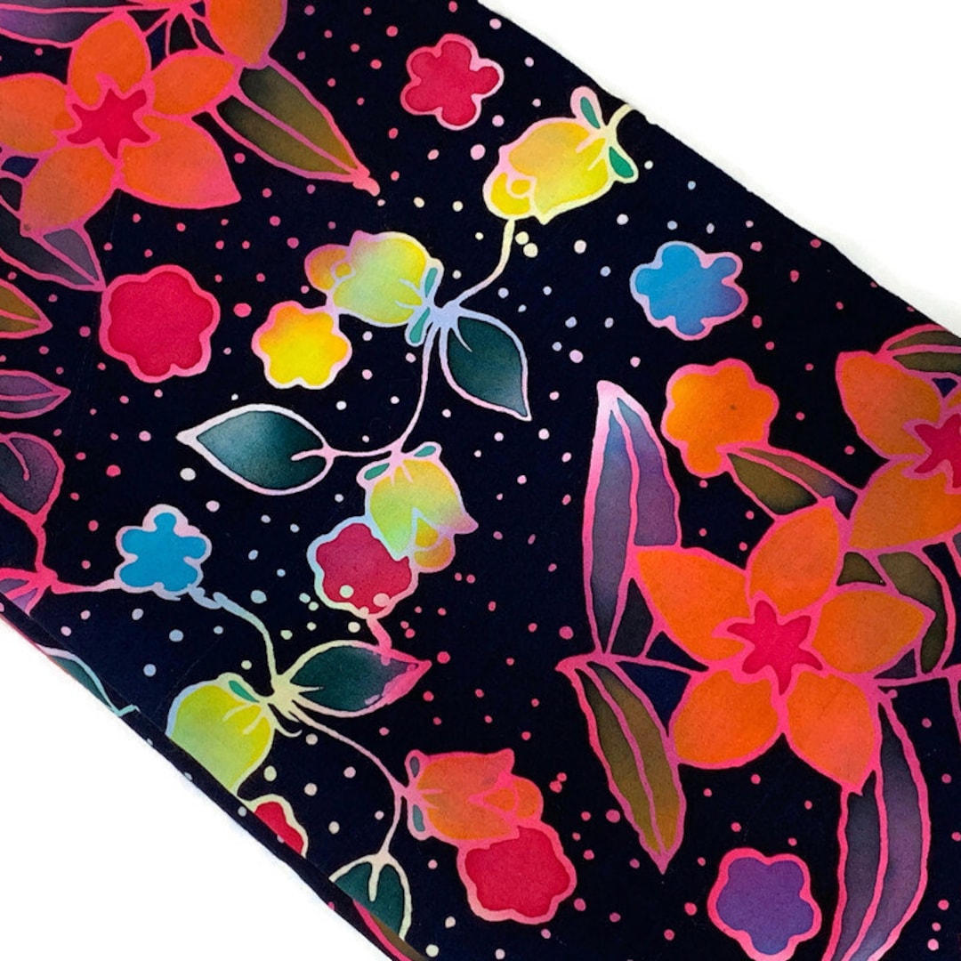 Hand Painted Malaysian Batik Fabric by the YARD. Dark Navy Blue Floral ...