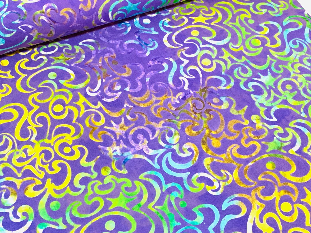 Hand Dyed Indonesian Batik Fabric in White/yellow/teal Swirls on Purple ...