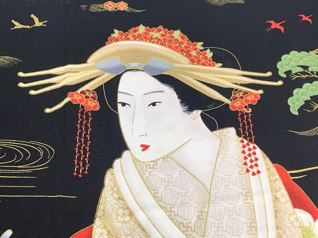 Kyoto Garden Geisha Fabric by the PANEL. 23.5"x44" Black,red,metallic ...