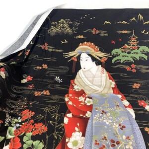 Kyoto Garden Geisha Fabric by the PANEL. 23.5"x44" Black,red,metallic ...