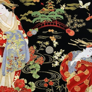 Kyoto Garden Geisha Fabric by the PANEL. 23.5"x44" Black,red,metallic ...