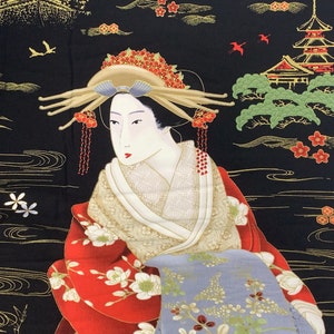 Kyoto Garden Geisha Fabric by the PANEL. 23.5"x44" Black,red,metallic ...