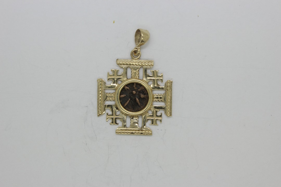 Coin Pendant,jerusalem Cross With Antique Authentic Bronze Widow's Mite ...