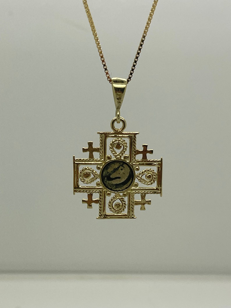 Coin Pendant,jerusalem Cross With Antique Authentic Bronze Widow's Mite ...