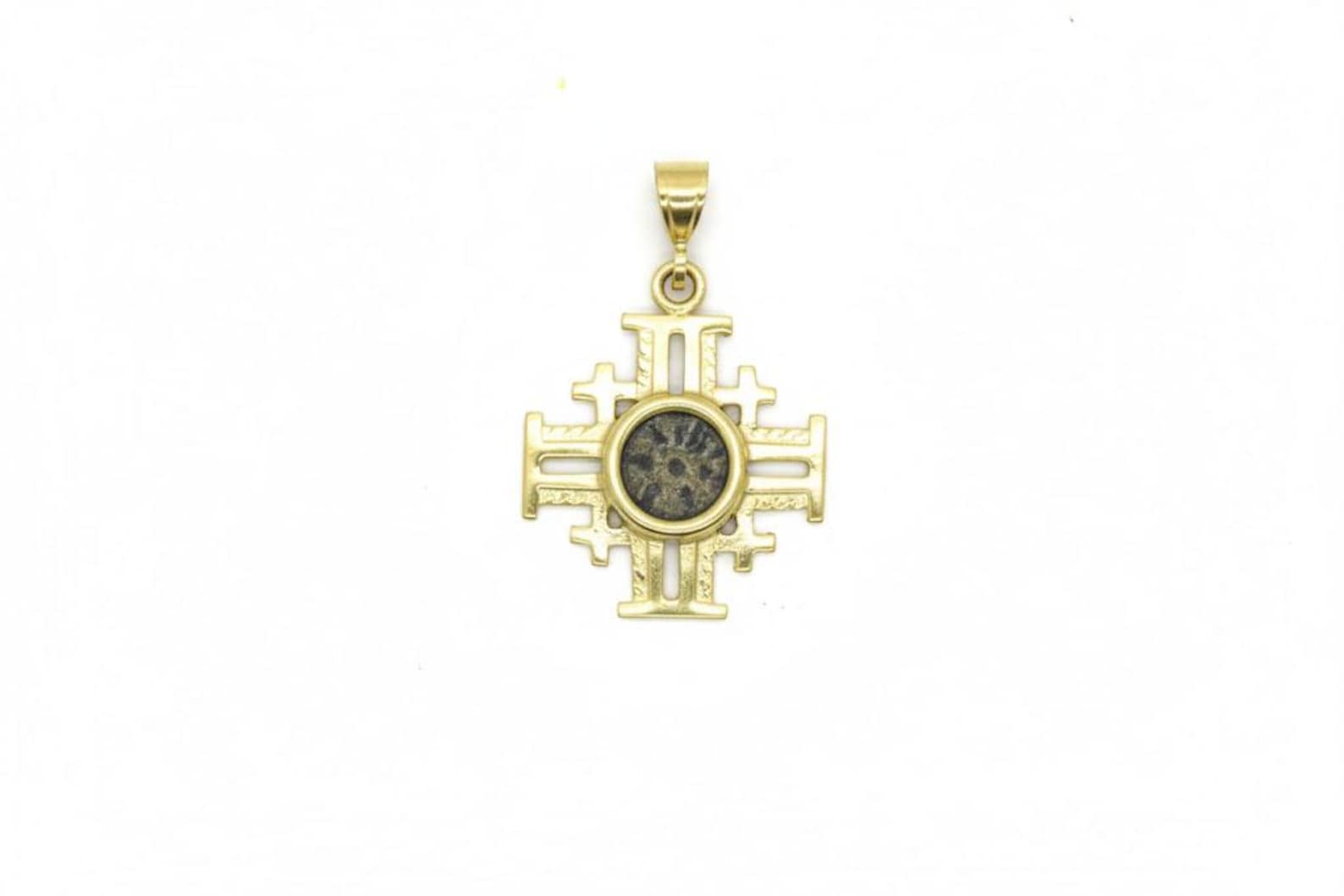 Coin Pendant,jerusalem Cross With Antique Authentic Bronze Widow's Mite ...