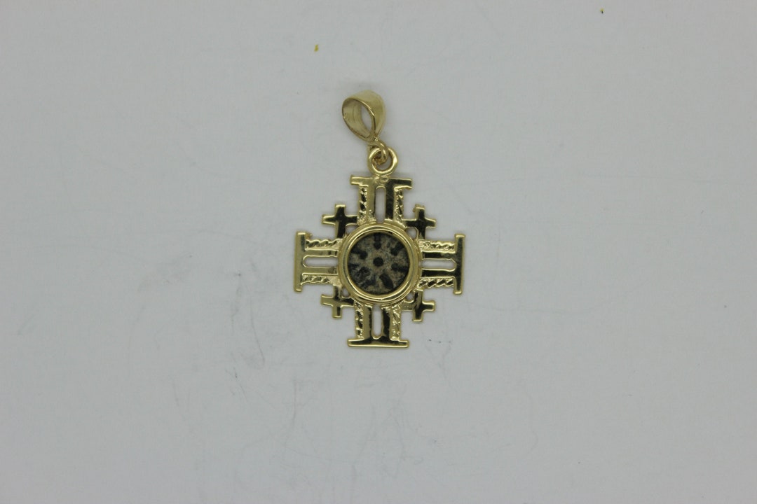 Coin Pendant,jerusalem Cross With Antique Authentic Bronze Widow's Mite ...