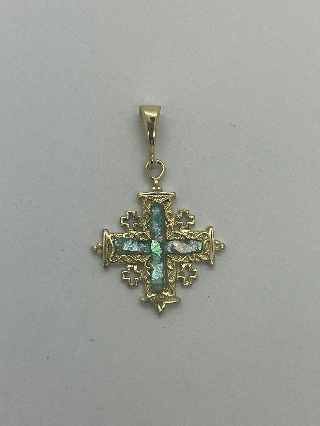 Unique 14K Yellow Gold Jerusalem Cross , Ancient Roman Glass Pendant ...