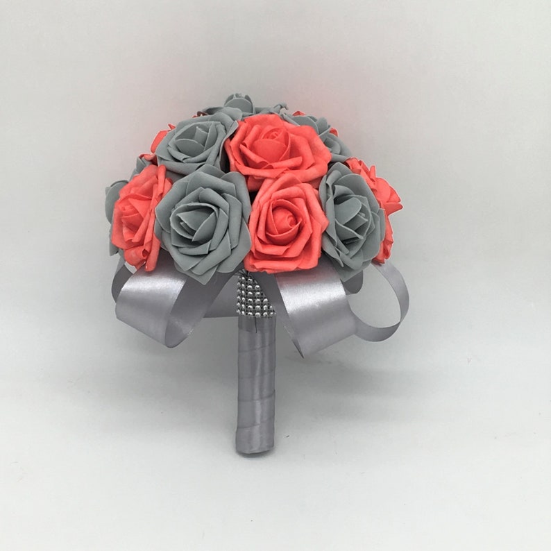 Gray Coral Rose Bouquet for Bridal Bridesmaids Flowers Coral - Etsy