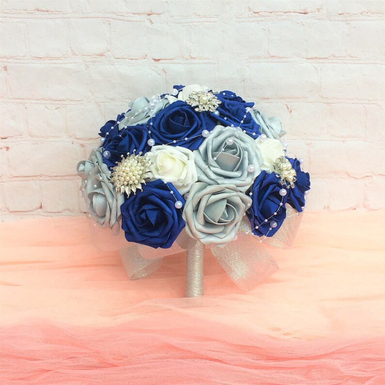 Royal Blue and Silver Rose Wedding Bouquet Bridal Bridesmaid - Etsy ...