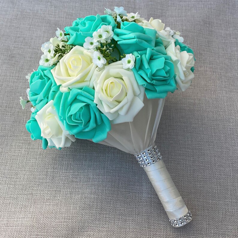 Turquoise Bridal Bouquet Artificial Turquoise and Ivory Rose - Etsy
