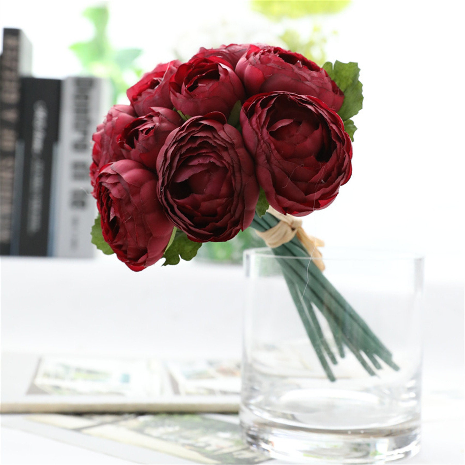 Dark Red Artificial Flowers Silk Faux Peony Bouquet Wedding - Etsy