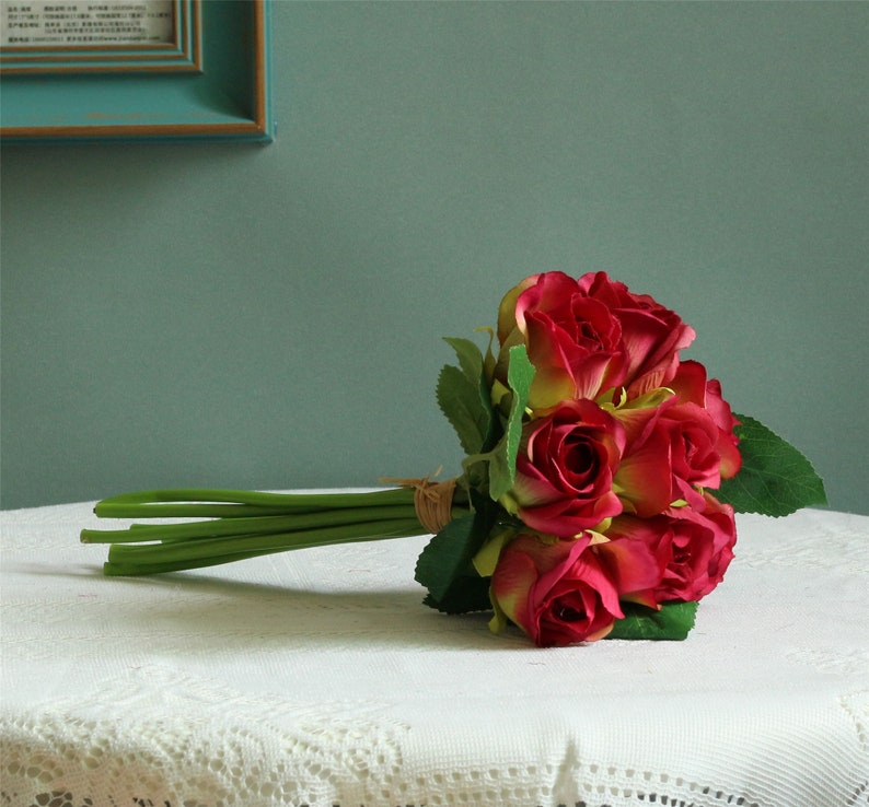 Dark Red Flower Bouquet Silk Rose Floral Bouquet for Wedding - Etsy