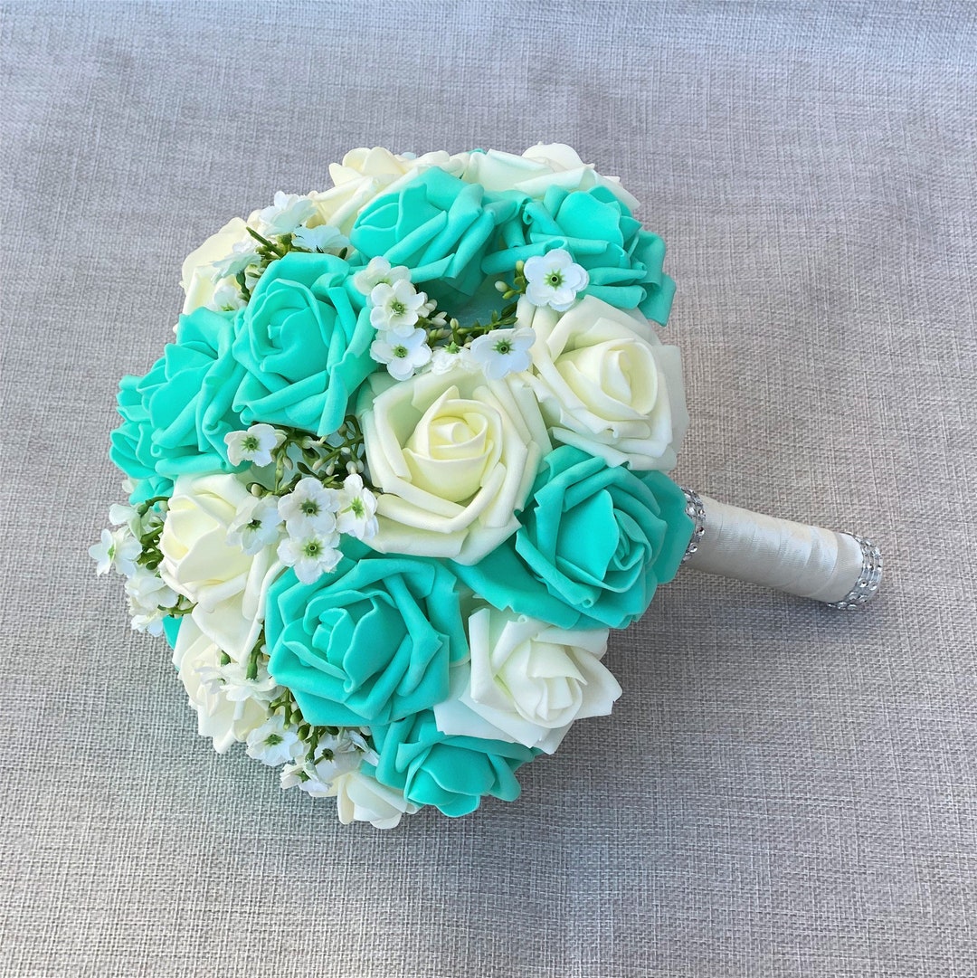 Turquoise Bridal Bouquet Artificial Turquoise and Ivory Rose - Etsy