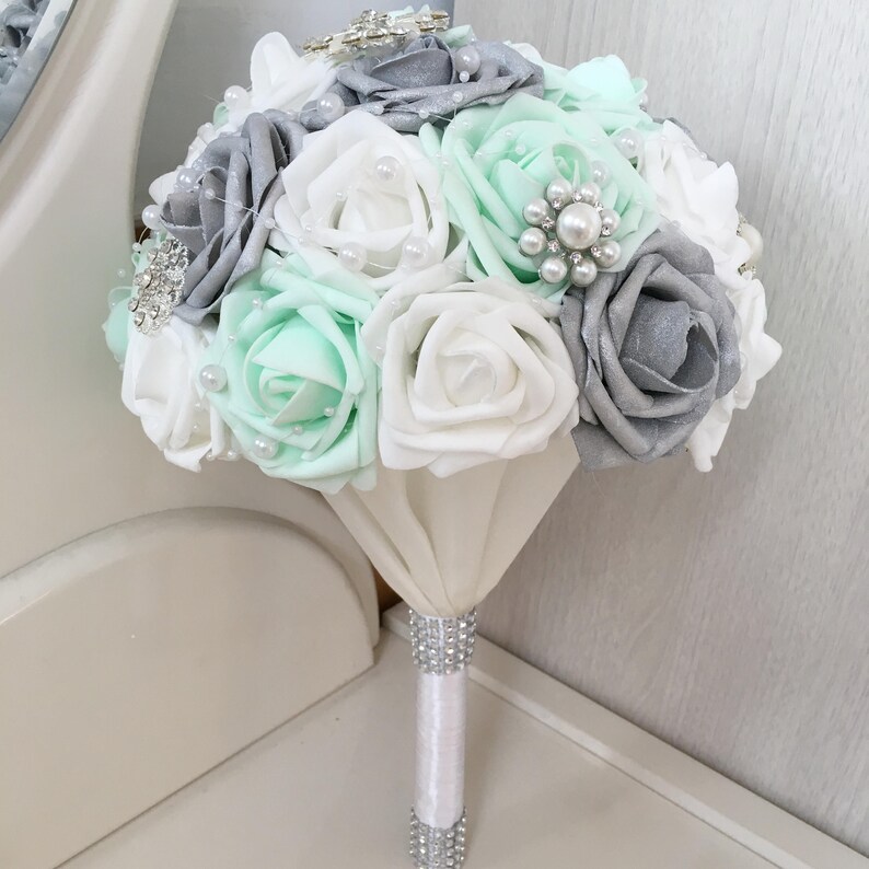 Bridal Bouquet Fake Flower Bride Bridesmaids Bouquet Mint | Etsy