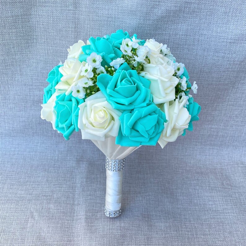 Turquoise Bridal Bouquet Artificial Turquoise and Ivory Rose - Etsy