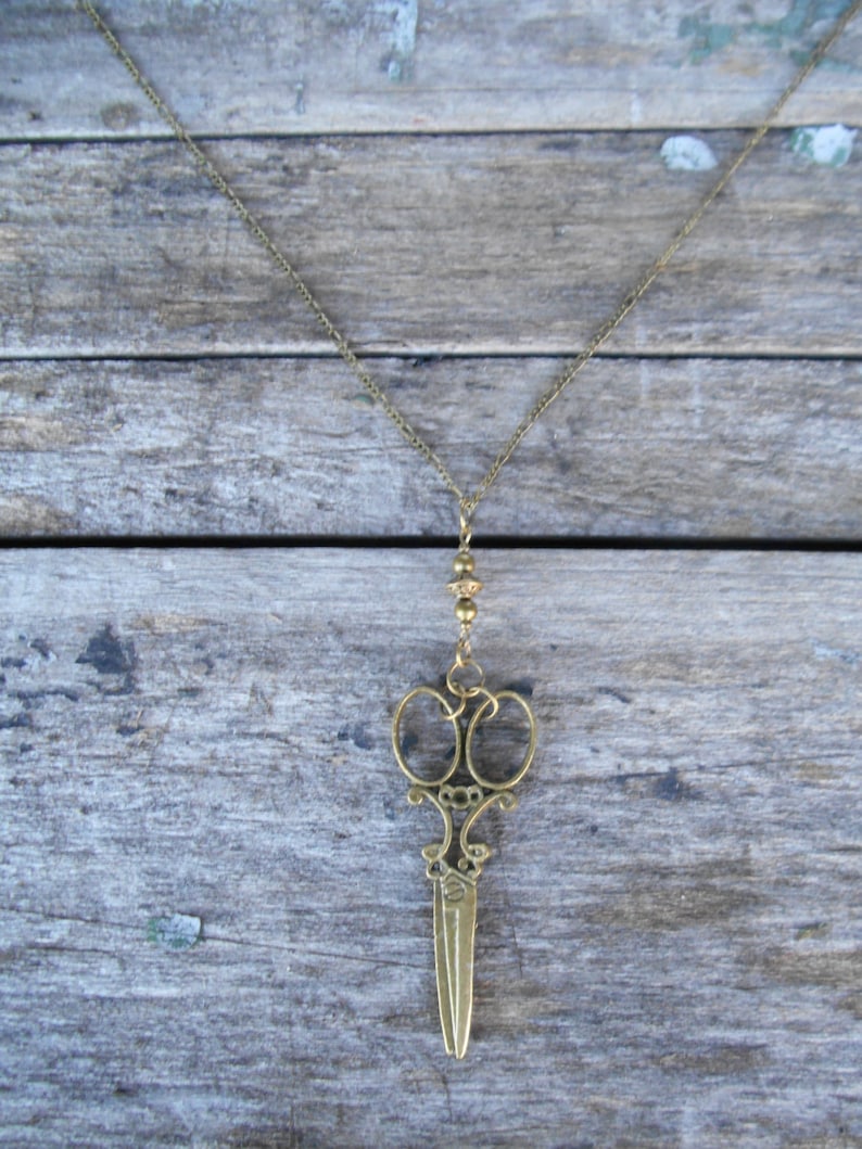 Antique Bronze Scissors Charm Necklace With Delicate Chain and Beads ...