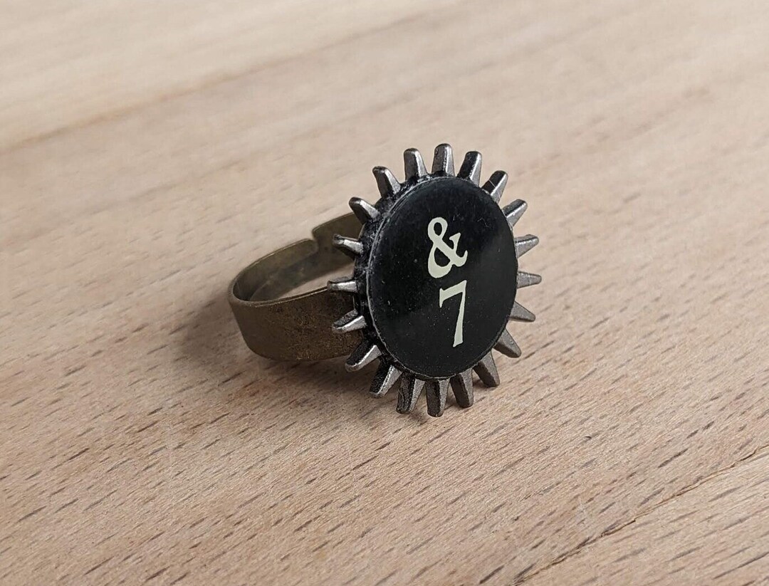 Lucky Number 7 Ring: Vintage Typewriter Key, Bronze Gear Adjustable ...
