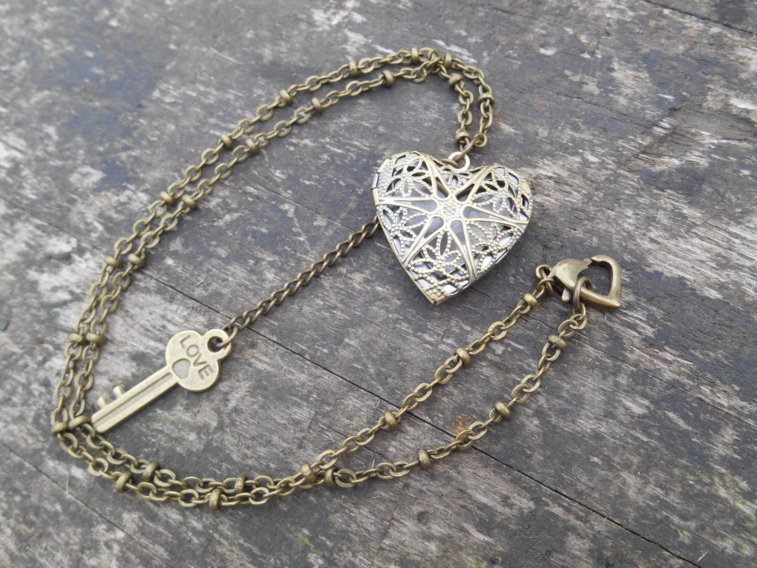 Filigree Heart Locket With Key to My Heart in Antique Bronze Finish, 18 ...