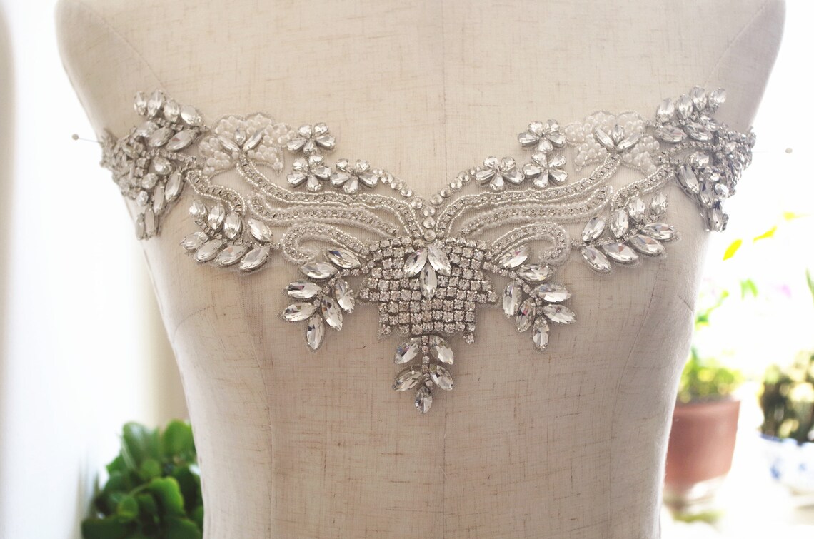 Rhinestone Neckline Applique for Bridal Dress, Rhinestone Bead Applique ...