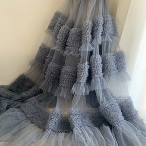 Puffy Dust Blue Ruffle Fabric for Cake Dress, Soft Tulle Ruffles Fabric ...