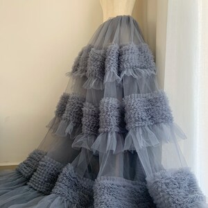 Puffy Dust Blue Ruffle Fabric for Cake Dress, Soft Tulle Ruffles Fabric ...