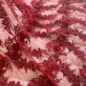 French Wine Red Lace Fabric With 3D Flowers, Heavy Embroidered Lace ...