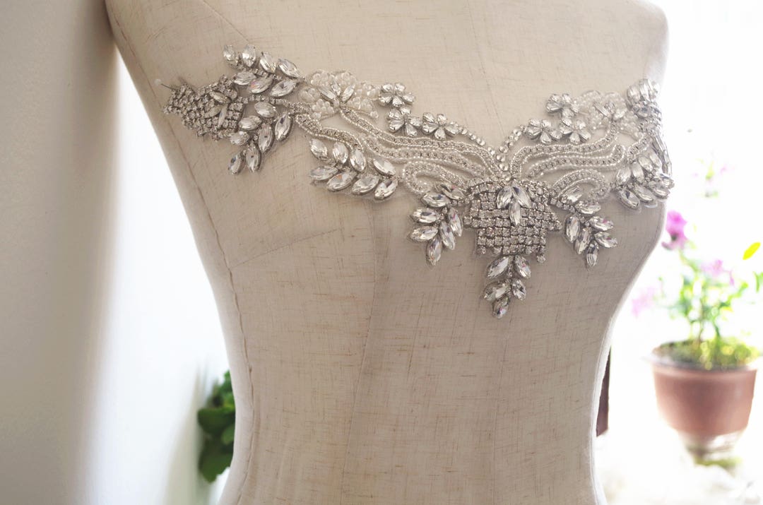 Rhinestone Neckline Applique for Bridal Dress, Rhinestone Bead Applique ...