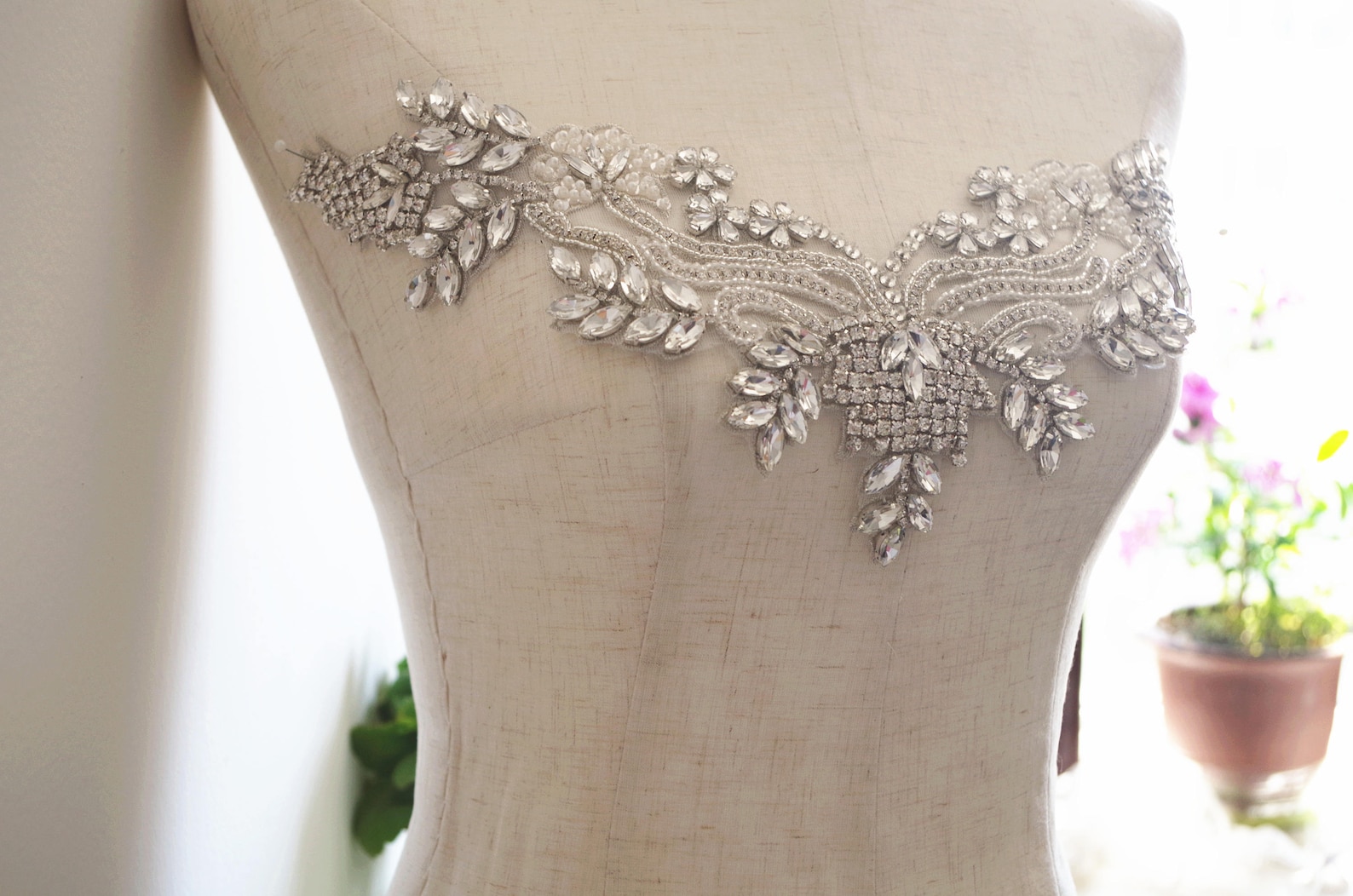 Rhinestone Neckline Applique for Bridal Dress, Rhinestone Bead Applique ...