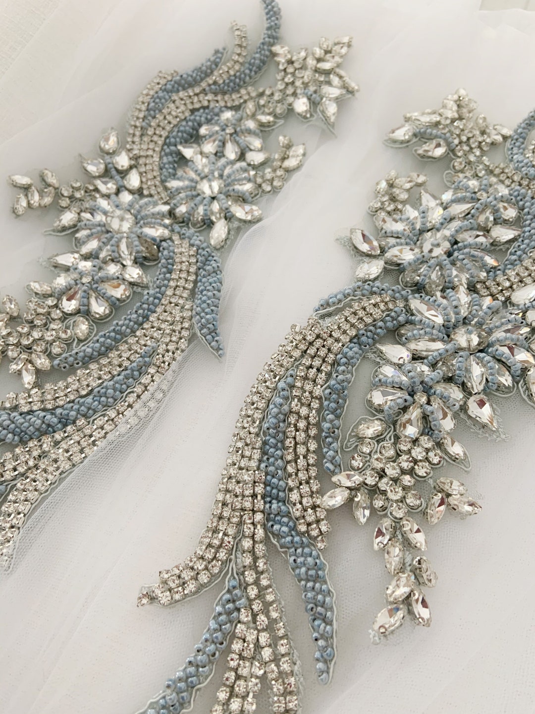 Pale Blue French Bead Applique, Crystal Bodice Patch, Heavy Rhinestone ...