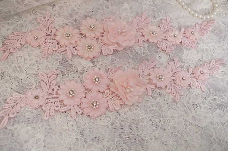 2pcs light pink lace applique 3D heavy bead lace applique | Etsy