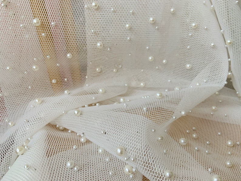 Off White Mesh Fabric With Pearls, Pearl Bead Net Fabric for Couture ...