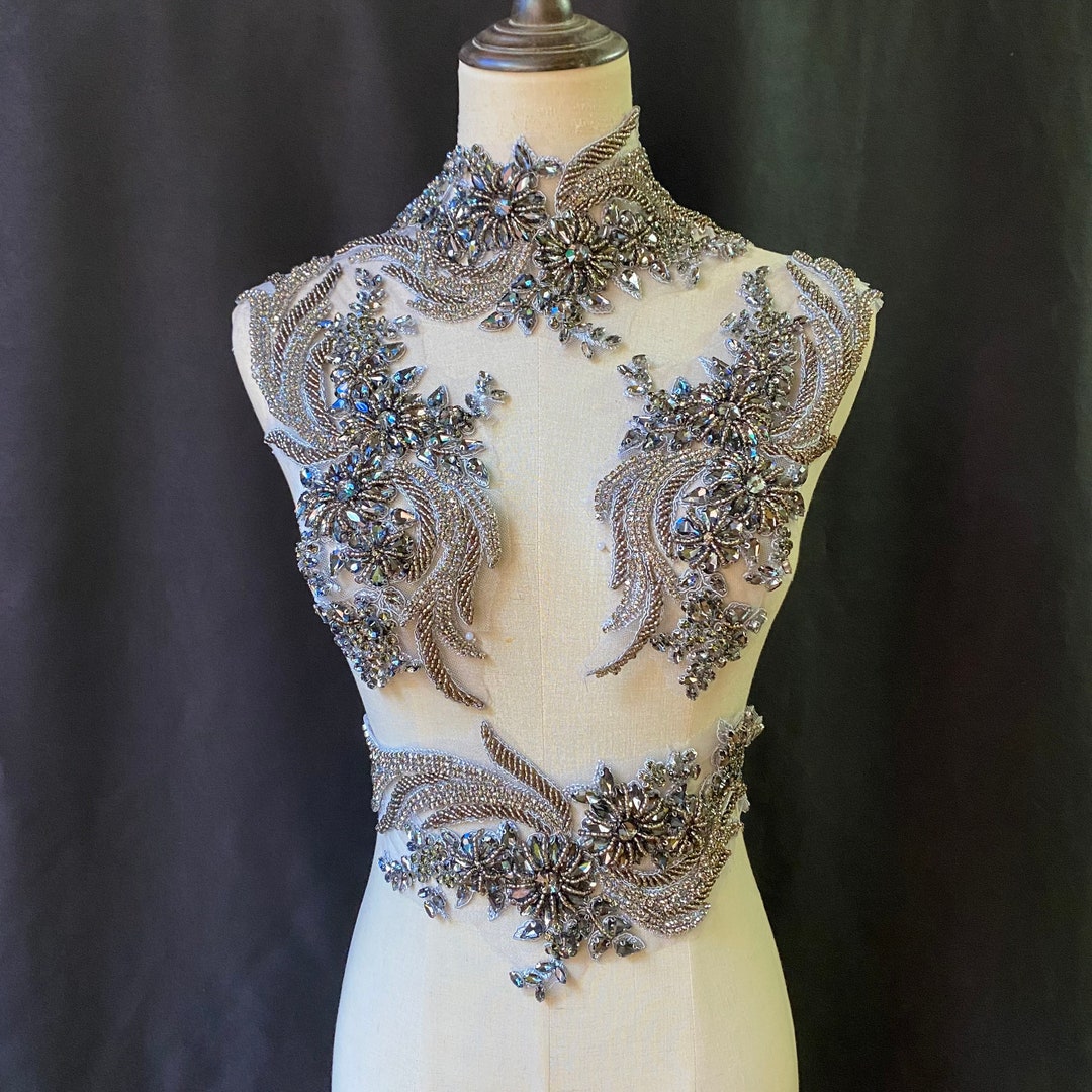 Grey Rhinestone Applique, Crystal Bodice Patch, Heavy Rhinestone Bead ...