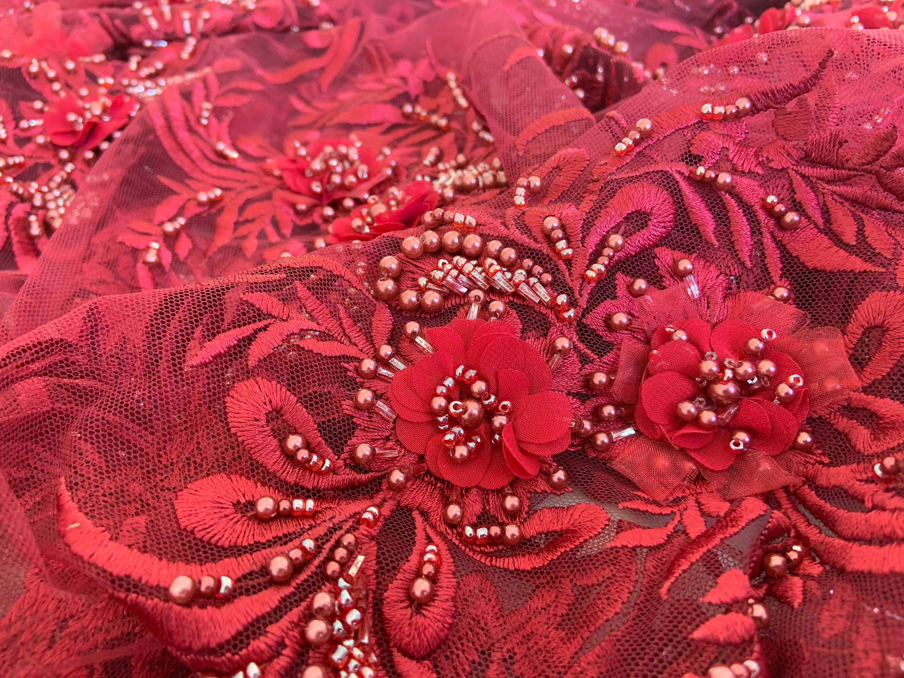 French wine red lace fabric with 3D flowers heavy embroidered | Etsy