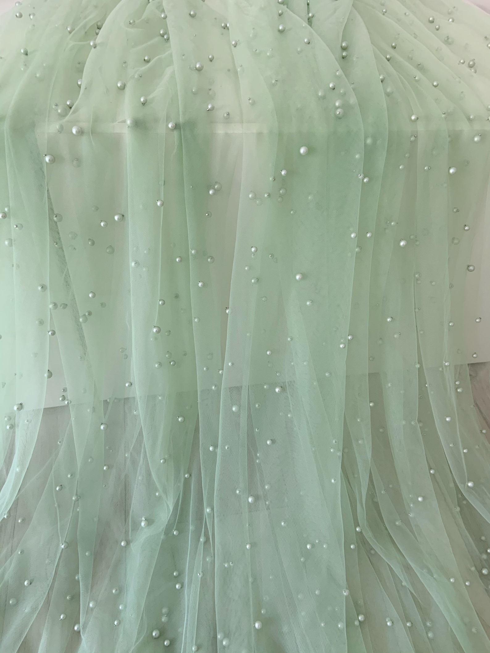 Sage Green Pearl Bead Tulle Fabric, Fine Swiss Tulle Fabric With Pearls ...