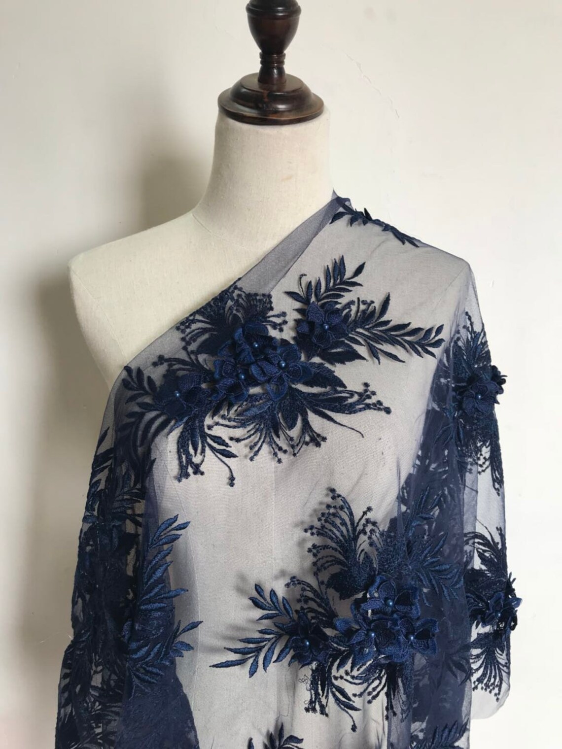 Navy Blue Lace Fabric With 3D Flowers Heavy Bead Lace Fabric - Etsy ...