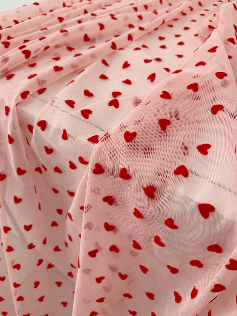 4 Way Stretch Tulle Fabric With Red Velvet Hearts Pink | Etsy