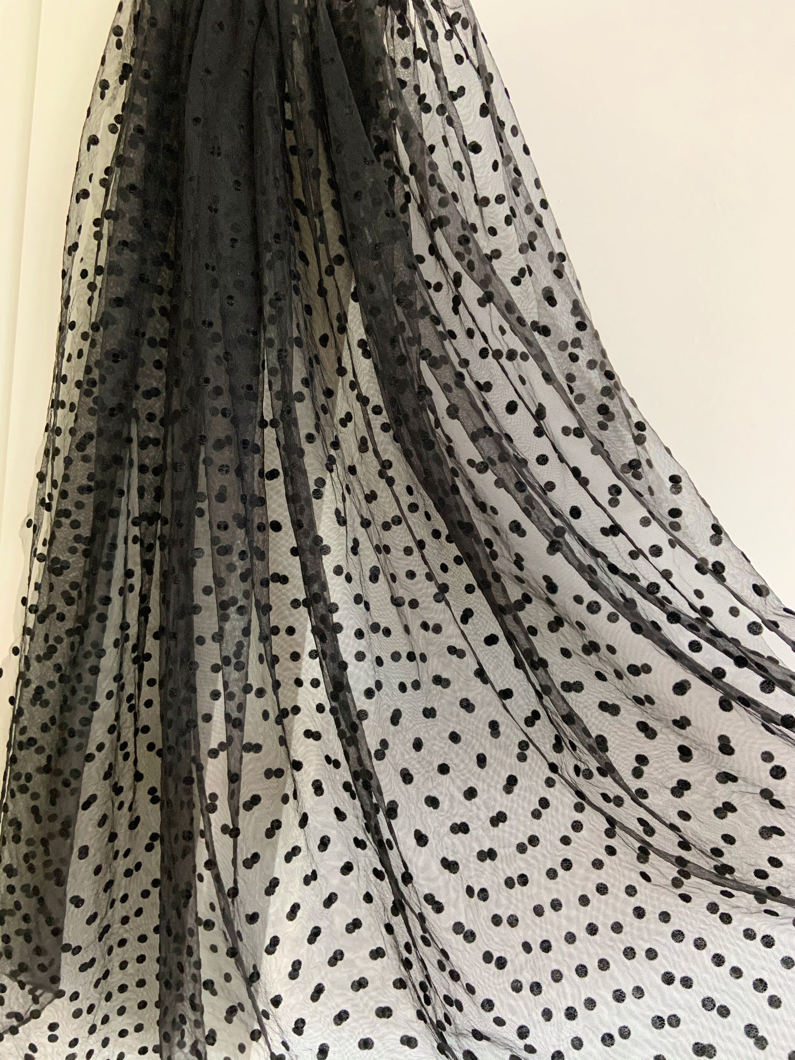 Black Tulle Fabric With Black Polka Dots, Tulle Mesh Fabric With Velvet ...