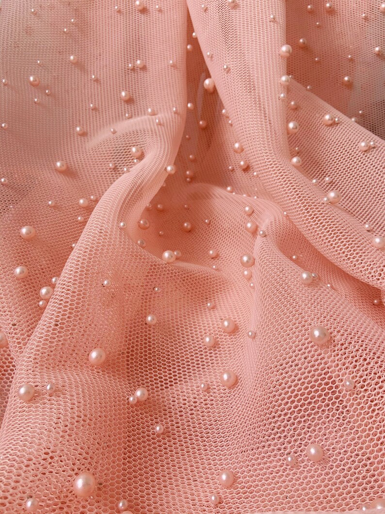 Pink Mesh Fabric With Pink Pearls Pearl Bead Net Fabric for - Etsy