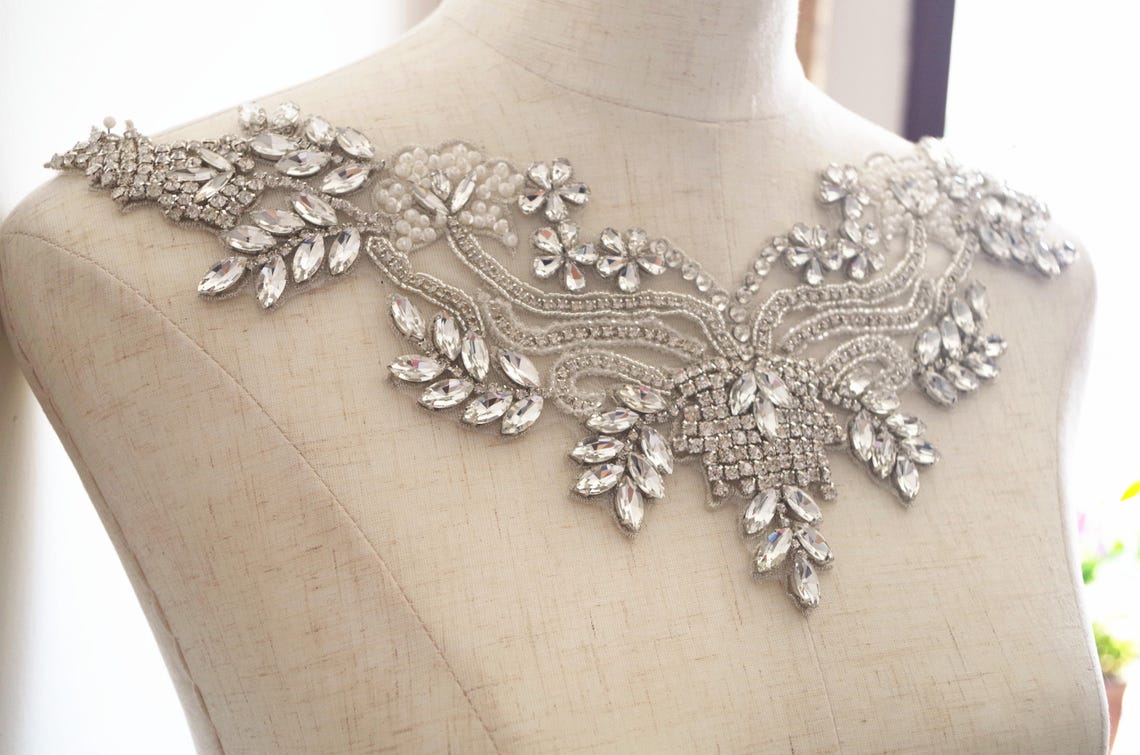 Rhinestone Neckline Applique for Bridal Dress, Rhinestone Bead Applique ...