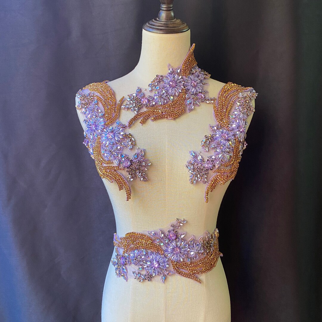 Lavender Gold French Bead Applique, Crystal Bodice Patch, Heavy Bead ...
