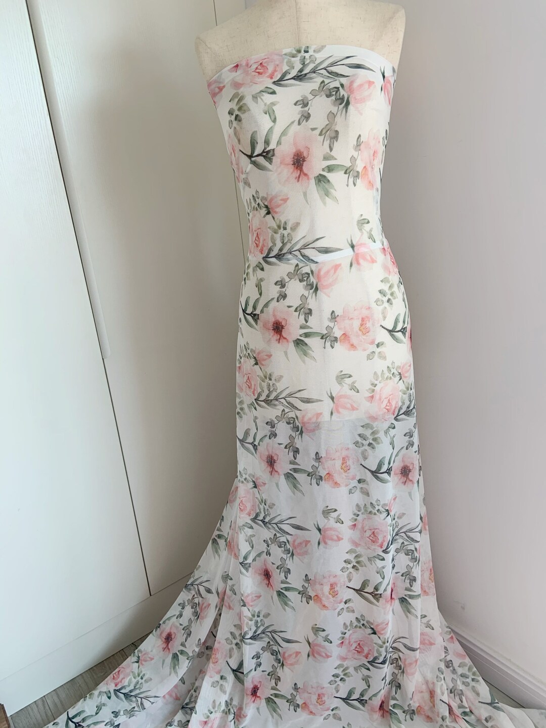 4 Way Stretch Tulle Fabric With Peach Flowers, Power Mesh Fabric ...