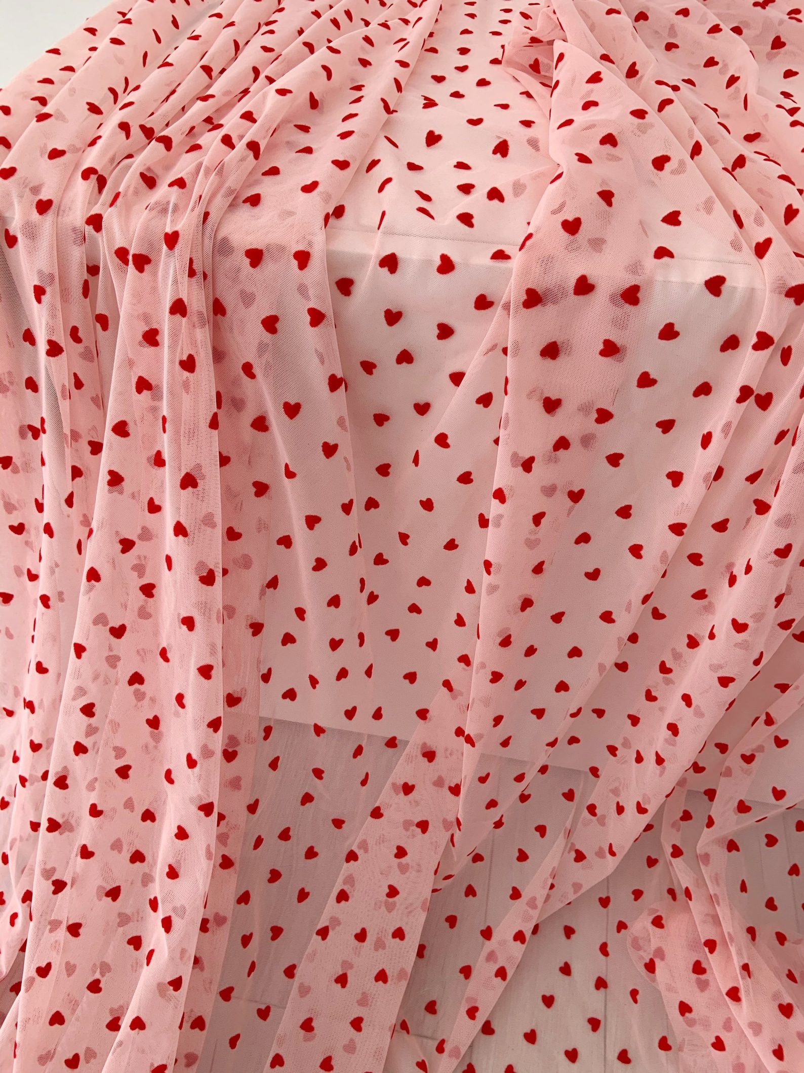 4 Way Stretch Tulle Fabric With Red Velvet Hearts Pink | Etsy