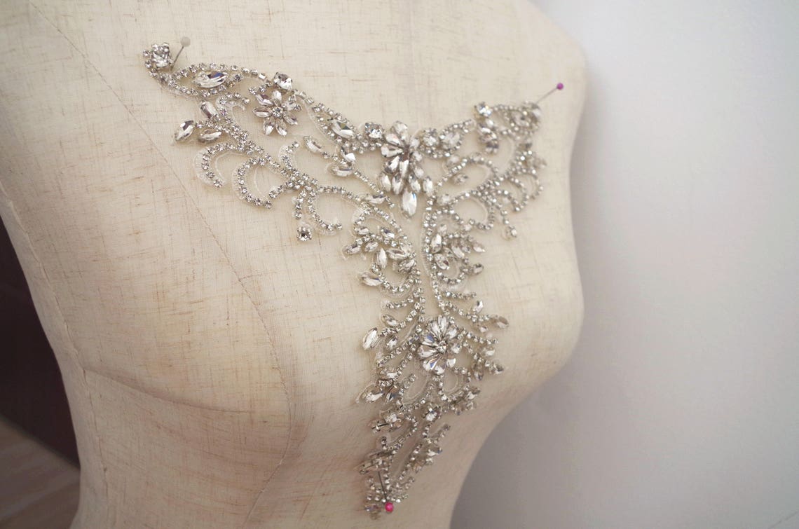 Rhinestone Bridal Neckline Applique for Bridal Dress, Rhinestone Collar ...