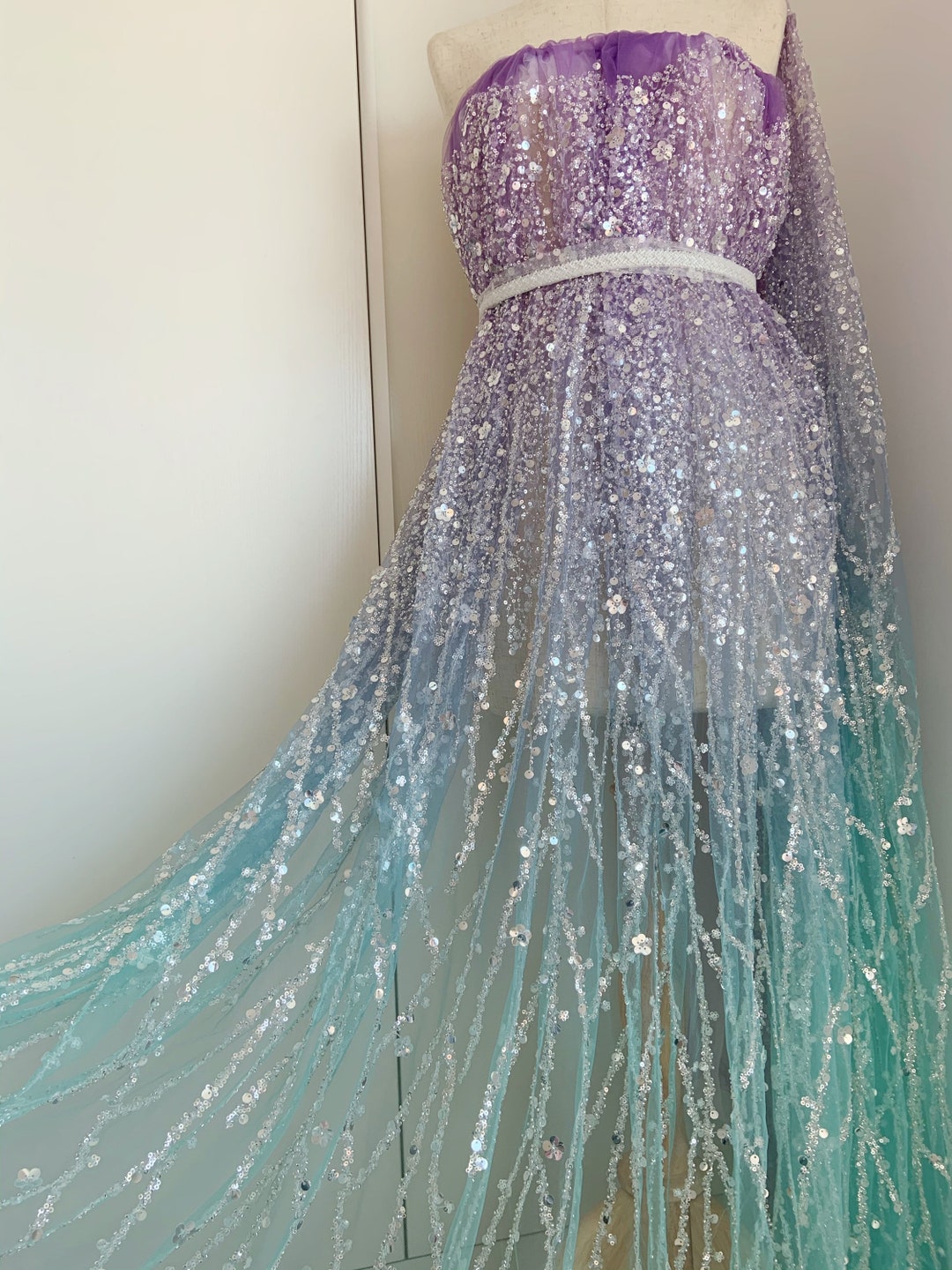 Aqua Purple Sparkle Bead Tulle Lace Fabric, Ombre Colored Bead Fabric ...