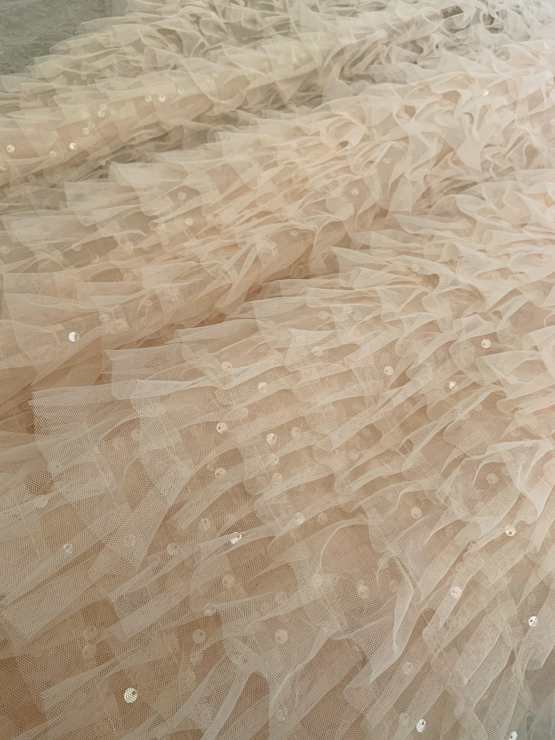 Beige Ruffle Fabric for Cake Dress With Sequins, Frilled Fabric for ...