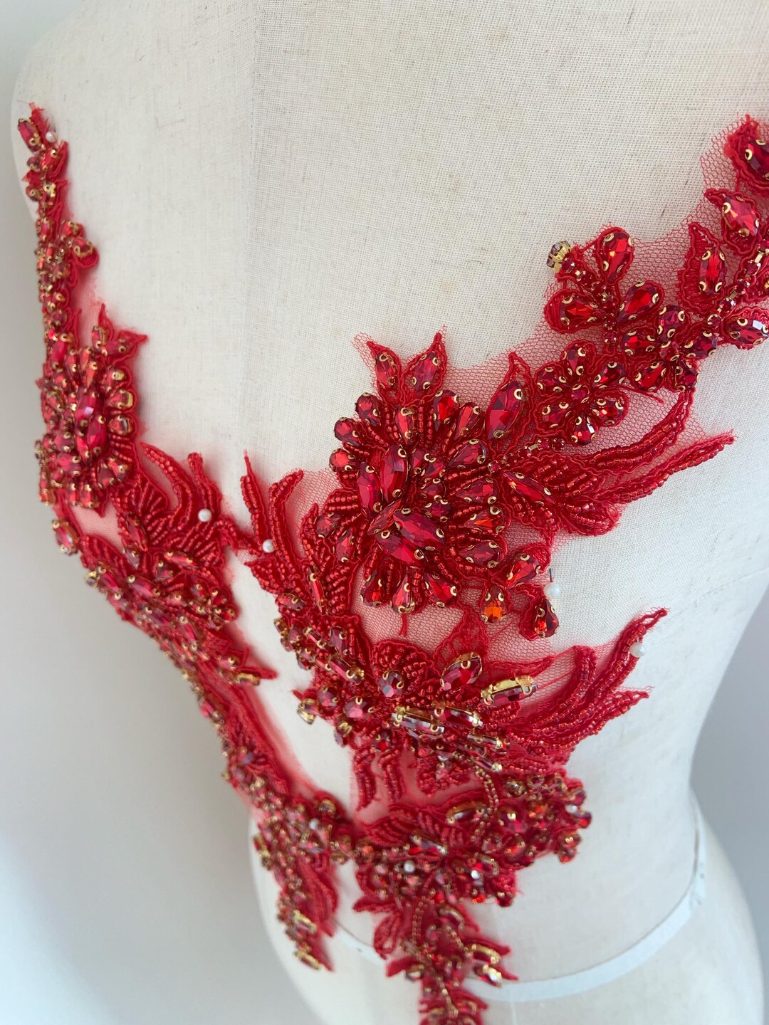 Red Rhinestone Appliqué for Couture, Costume, Dress, Crafted Florals ...