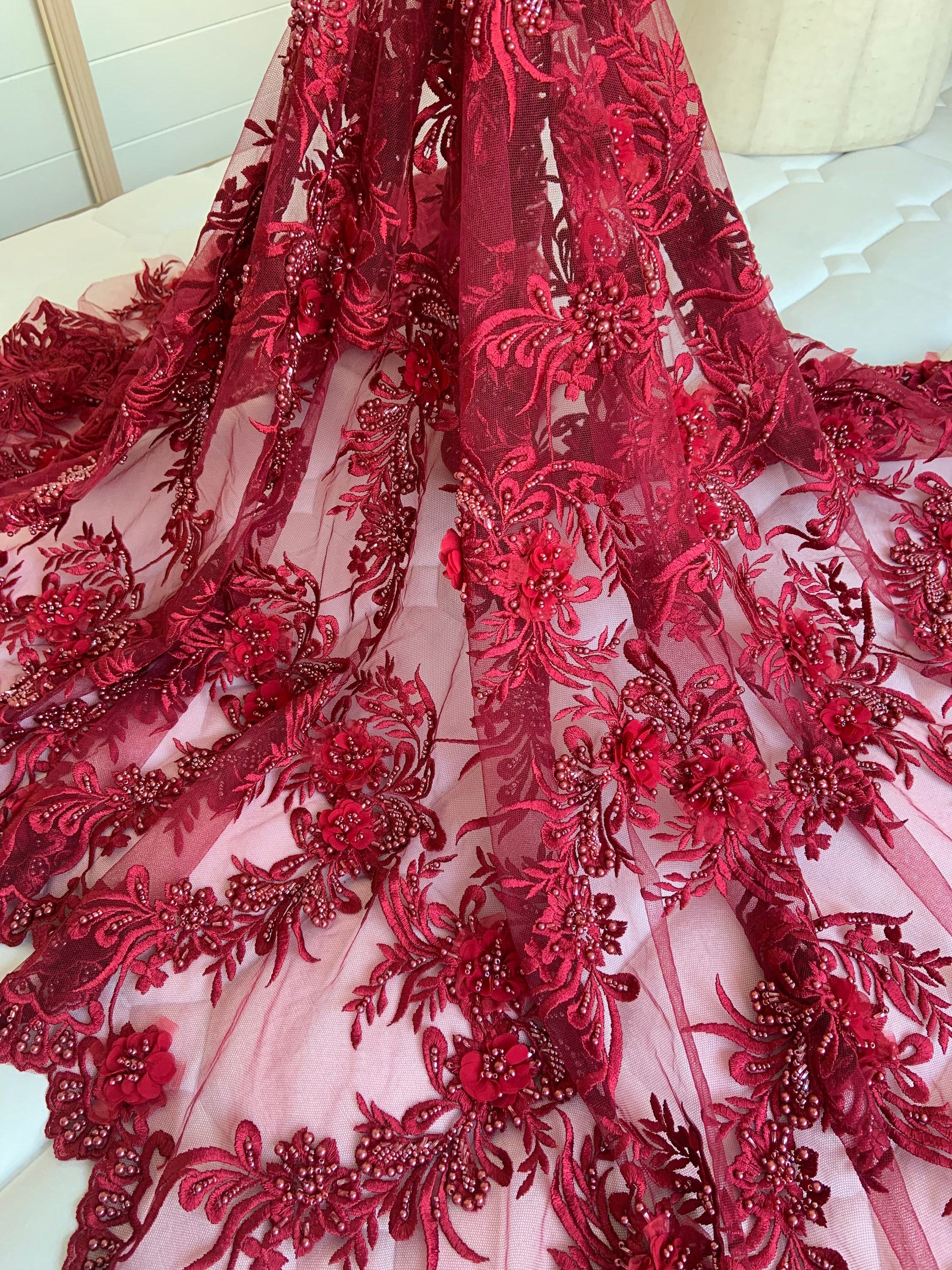 French wine red lace fabric with 3D flowers heavy embroidered | Etsy