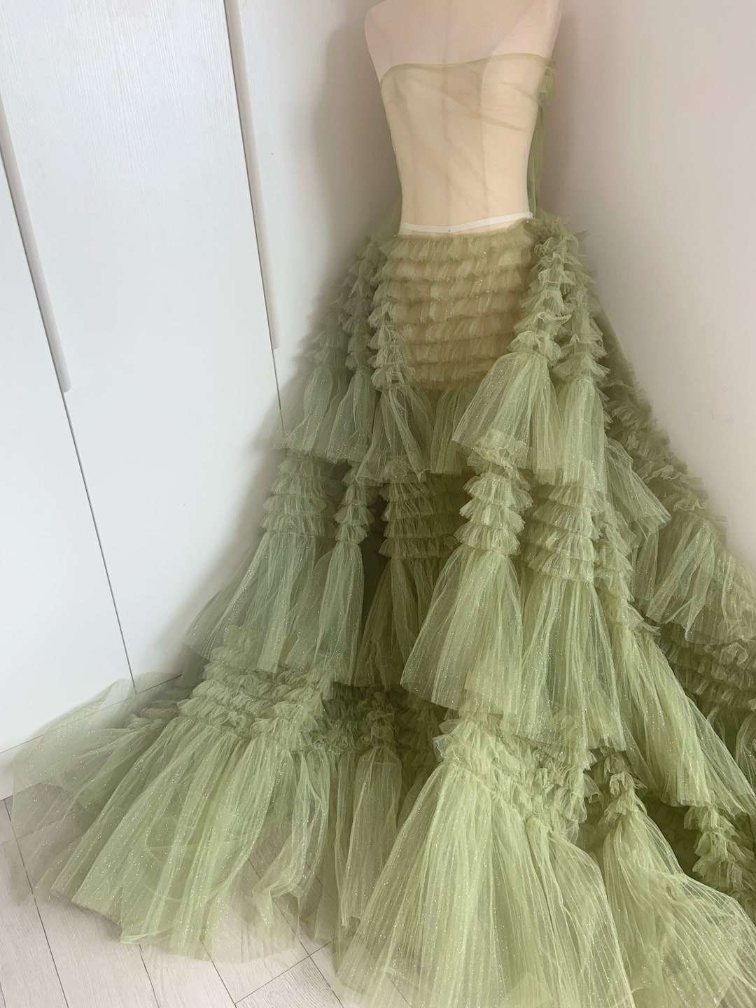 Moss Green Ruffle Fabric With Shimmer for Cake Dress, Ruffles Fabric ...
