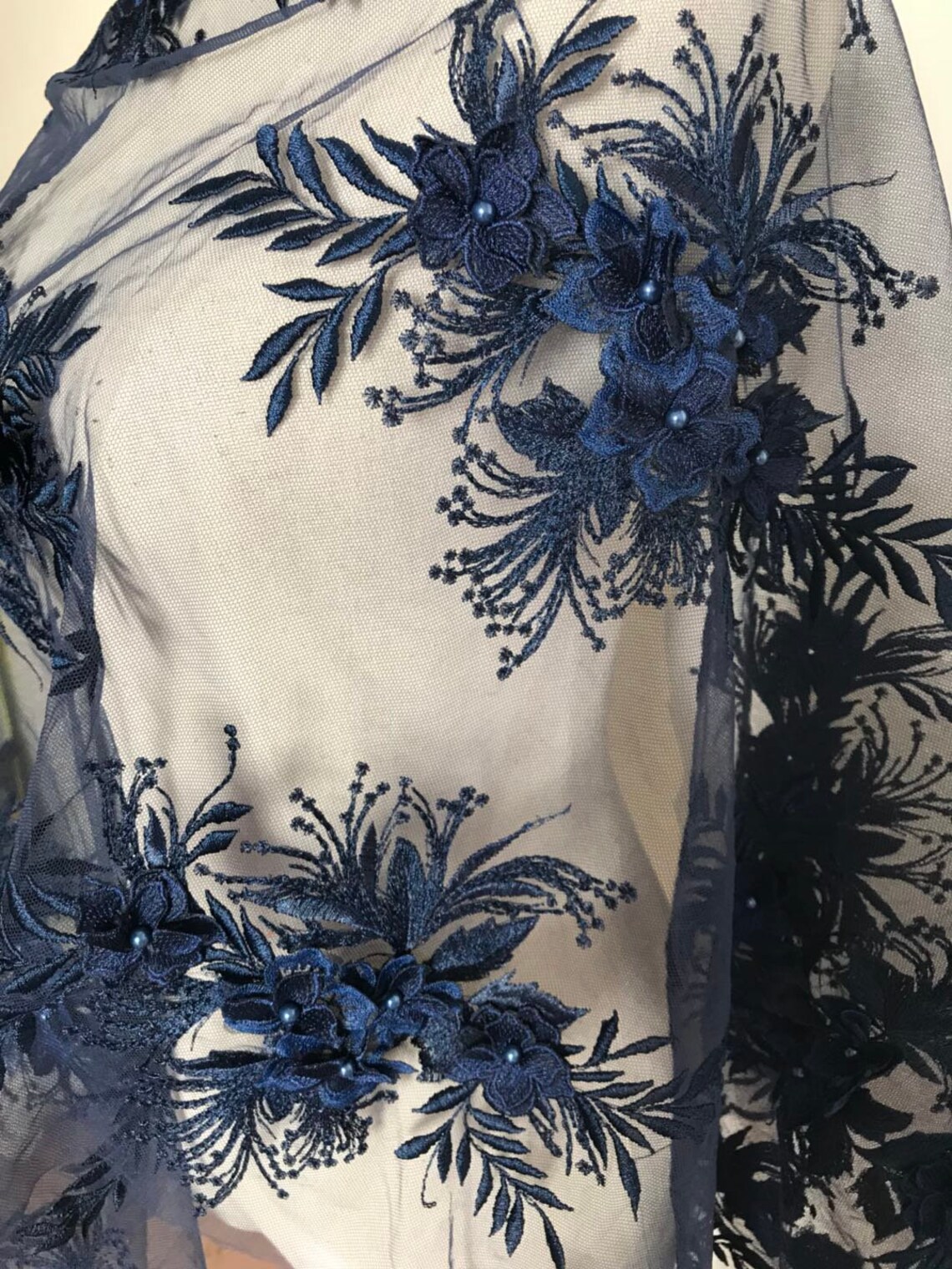 Navy Blue Lace Fabric With 3D Flowers Heavy Bead Lace Fabric - Etsy ...